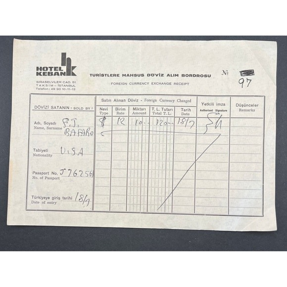 Other | Vintage Hotel Kebank Receipt 196s Istanbul Turkey Foreign ...